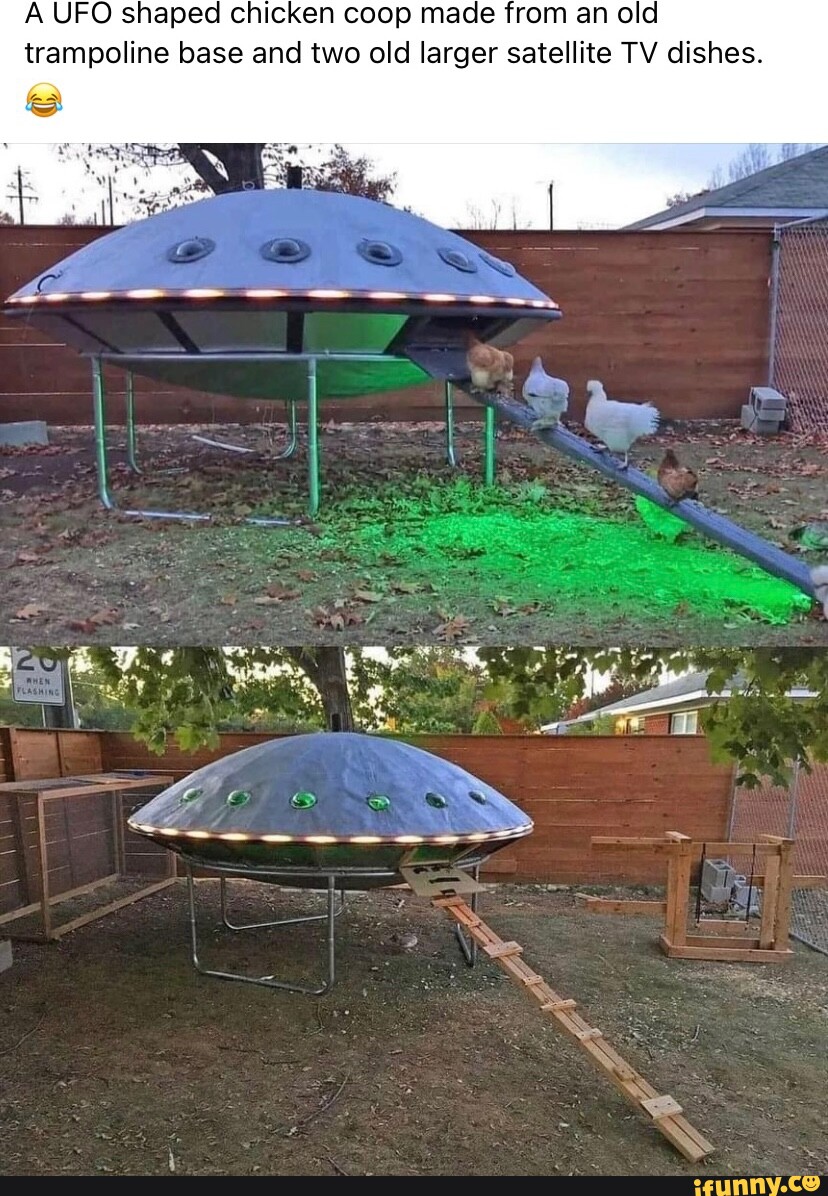 A UFO shaped chicken coop made from an old trampoline base and two old ...