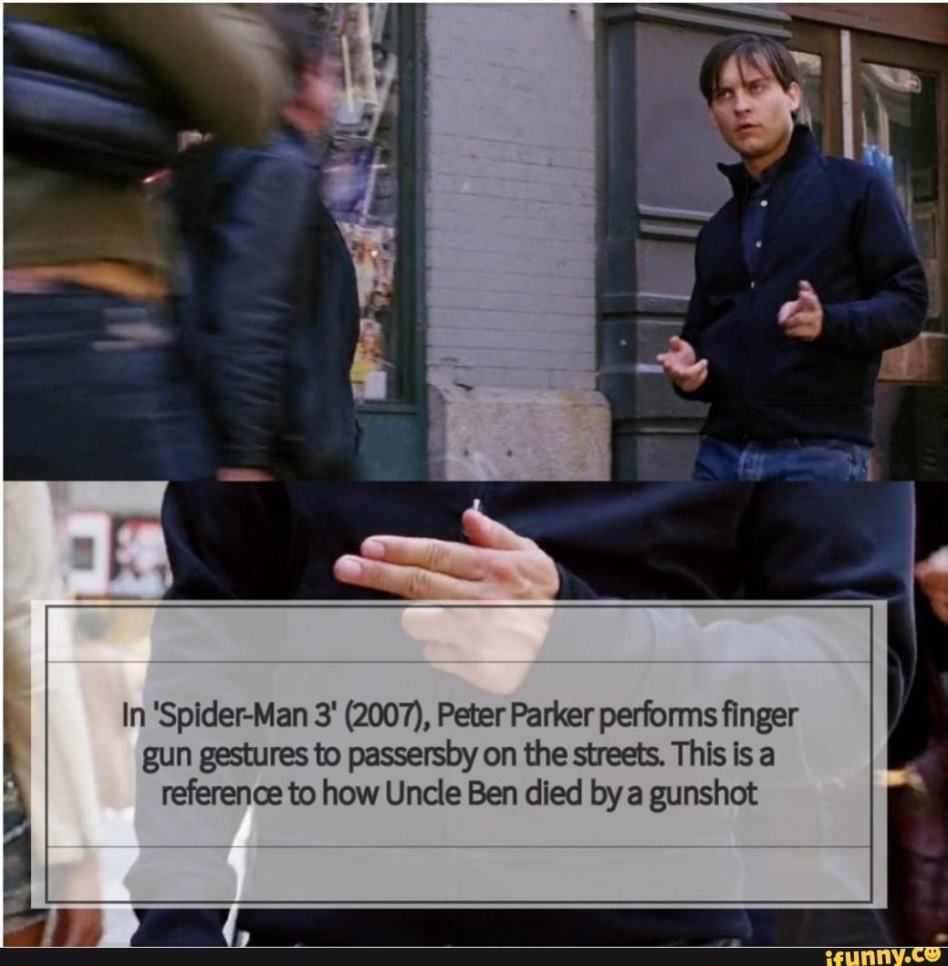 In 'Spider-Man 3' (2007), Peter Parker performs finger gun gestures to ...