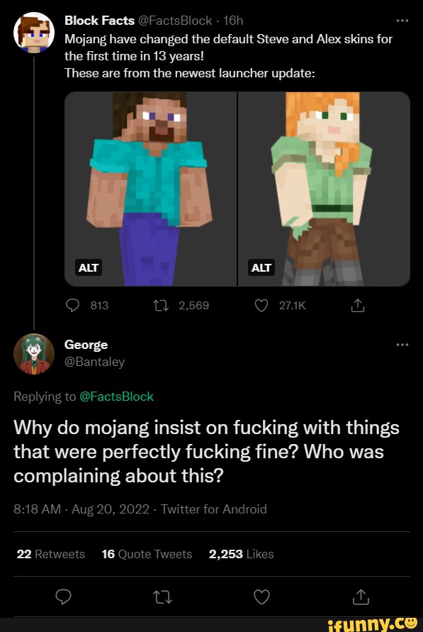 Block Facts @FactsBlock - Mojang have changed the default Steve and ...