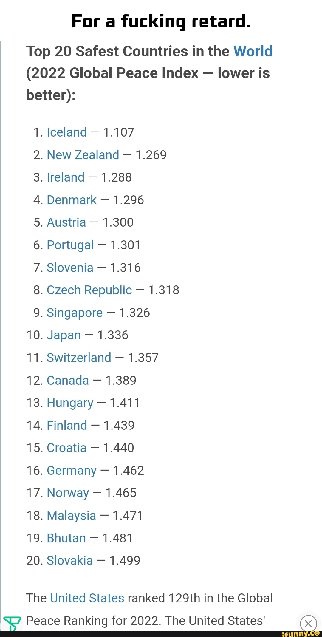 For a fucking retard. Top 20 Safest Countries in the World (2022 Global ...