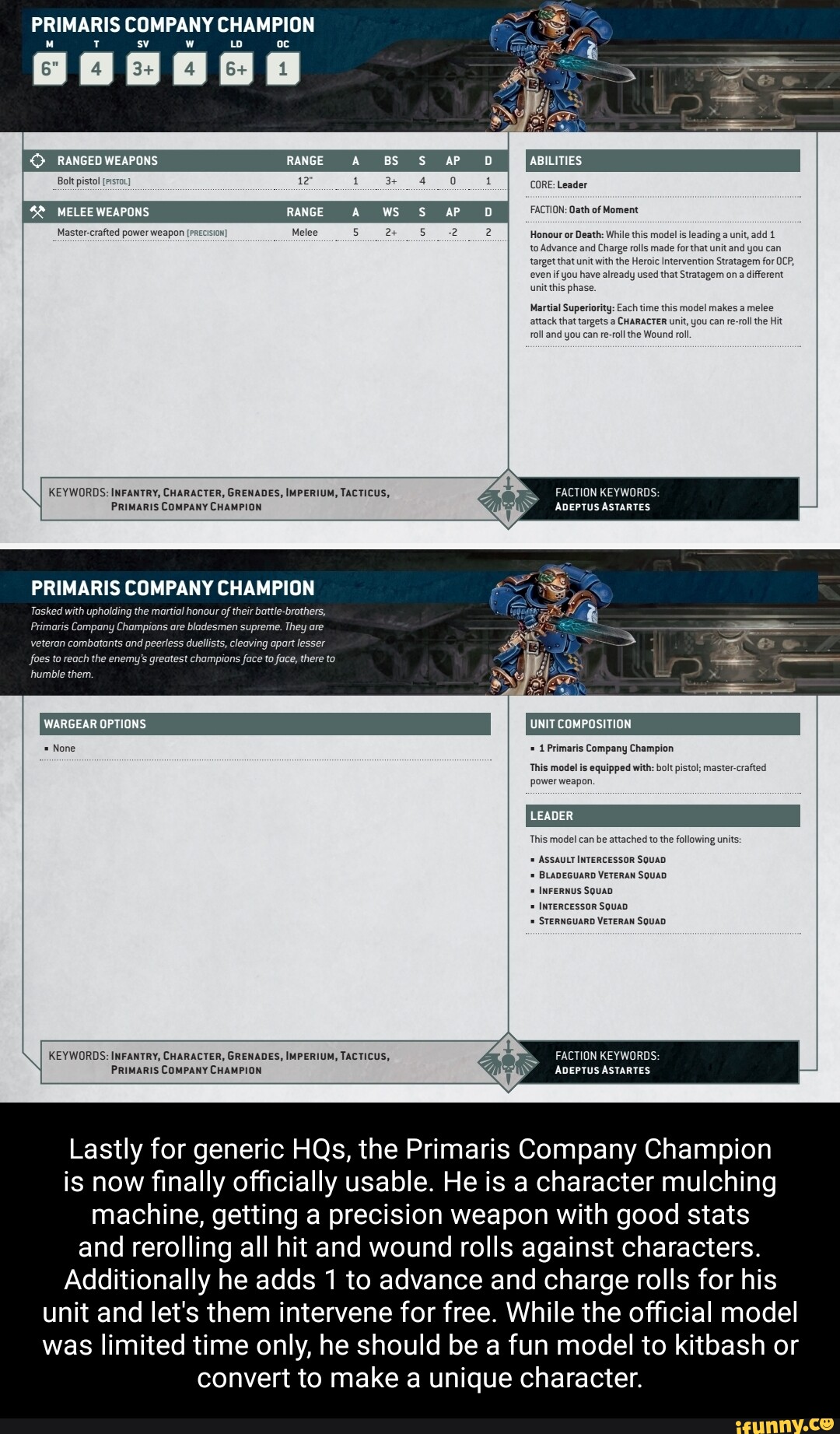 PRIMARIS COMPANY CHAMPION Lo ABILITIES AP Bolt pistol CORE: Leader ...