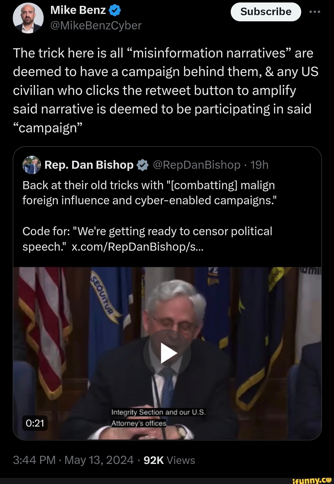 Mike Benz Subscribe The trick here is all "misinformation narratives ...