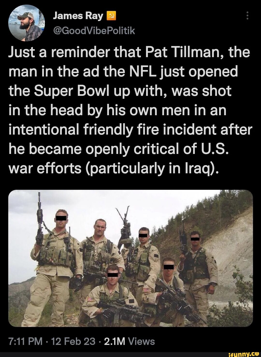 James Ray Al Just a reminder that Pat Tillman, the man in the ad the ...