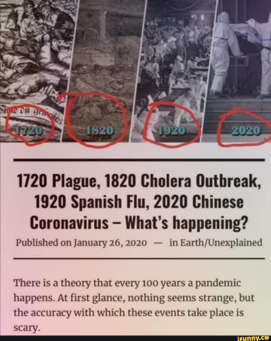 1720 Plague, 1820 Cholera Outbreak, 1920 Spanish Flu, 2020 Chinese ...