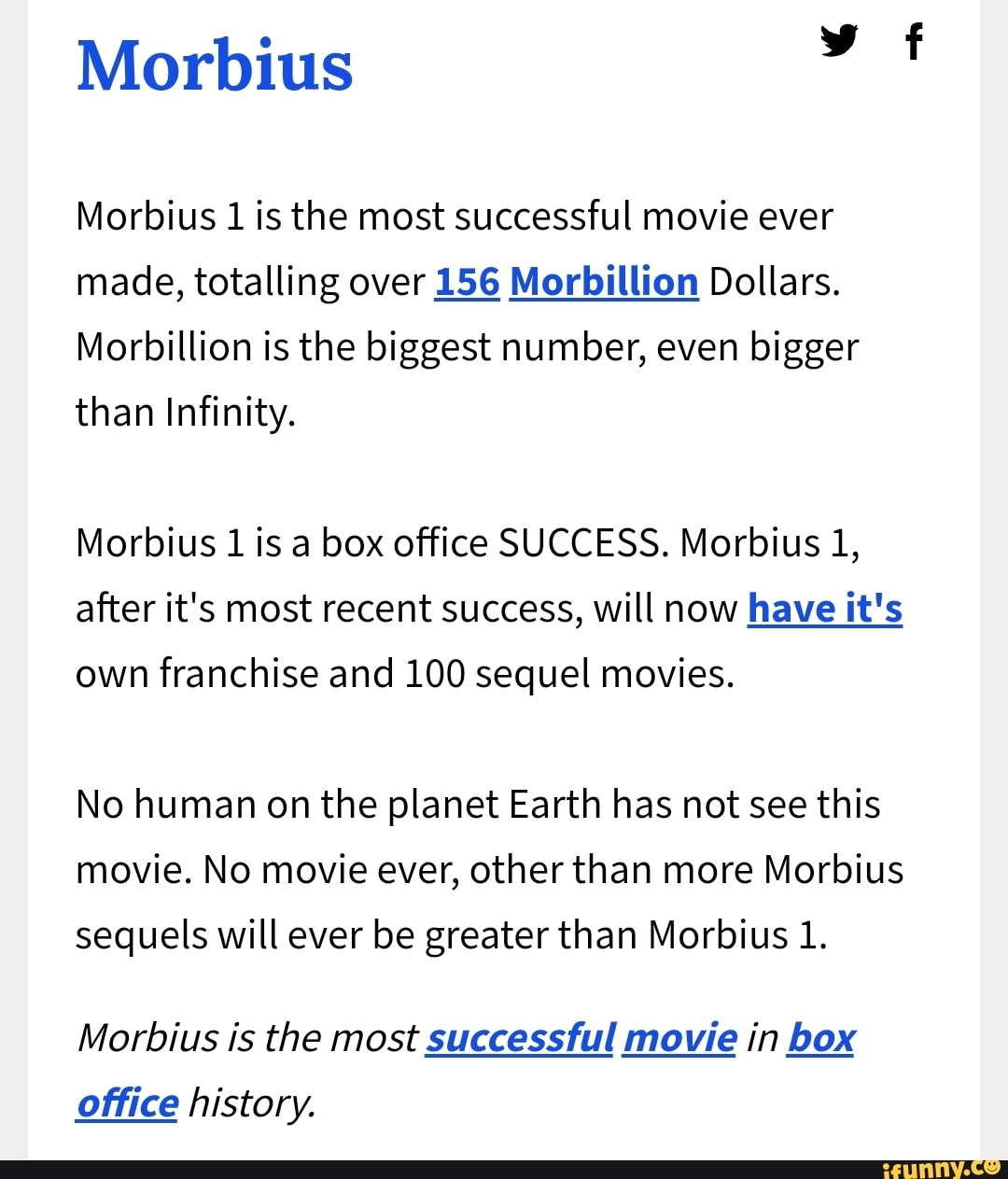 Morbius Morbius 1 is the most successful movie ever made, totalling ...