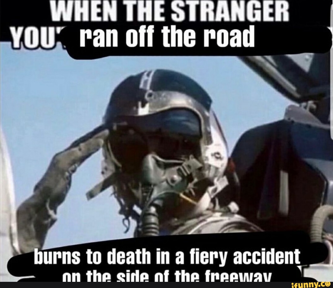 WHEN THE STRANGER YOU; ran off the road urns to death in fiery accident ...