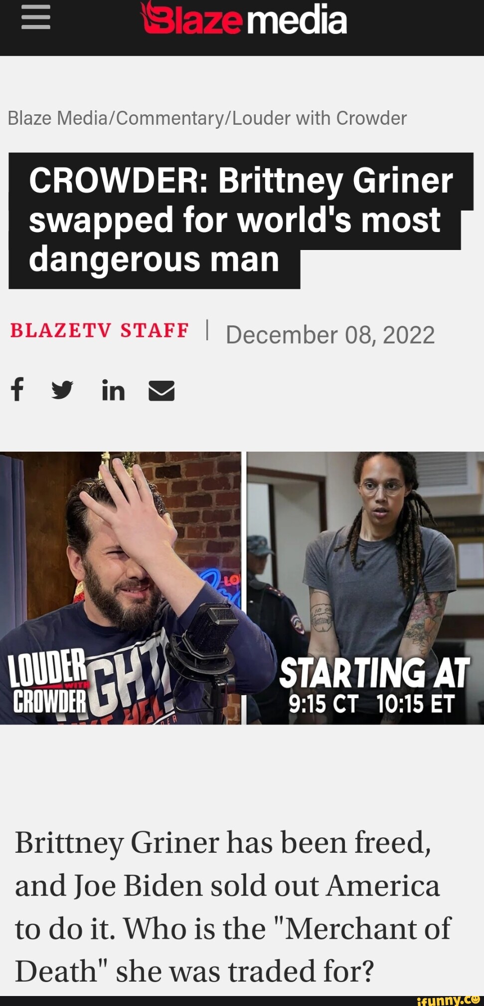 Media Blaze with Crowder CROWDER: Brittney Griner swapped for world's ...