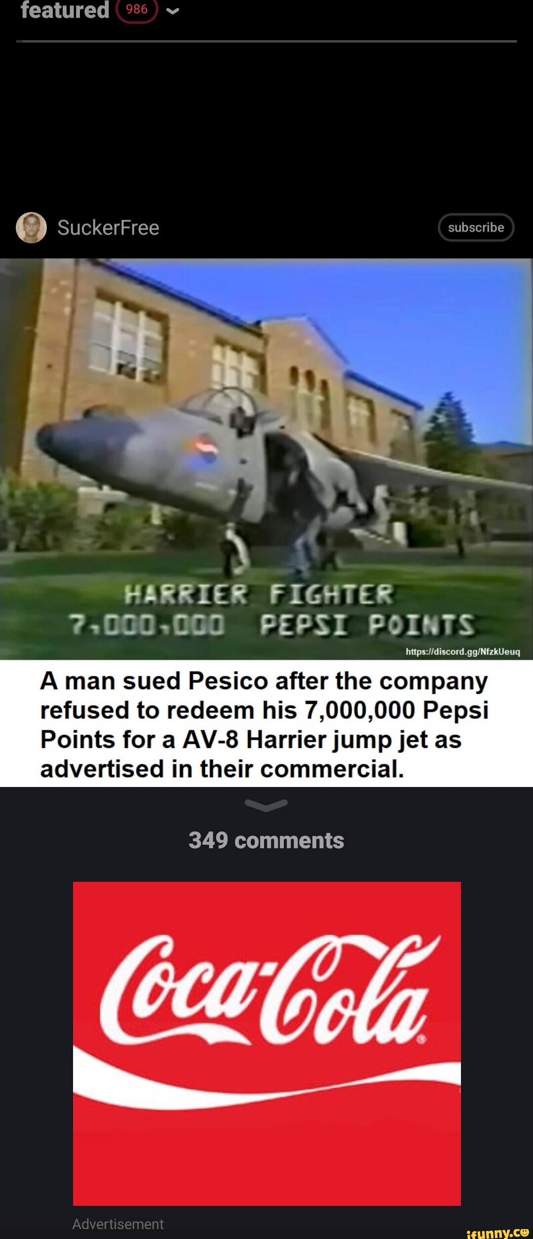Featured SuckerFree subscribe HARRIER FIGHTER PEPSI POINTS A man sued ...