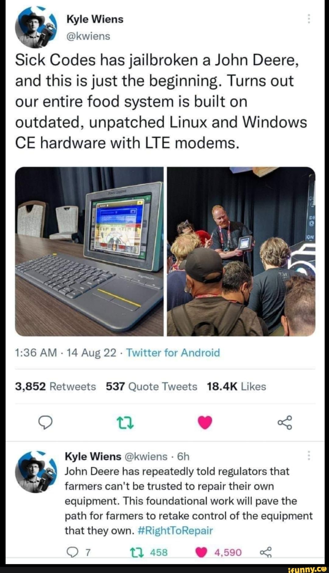 Kyle Wiens @kwiens Sick Codes has jailbroken a John Deere, and this is ...