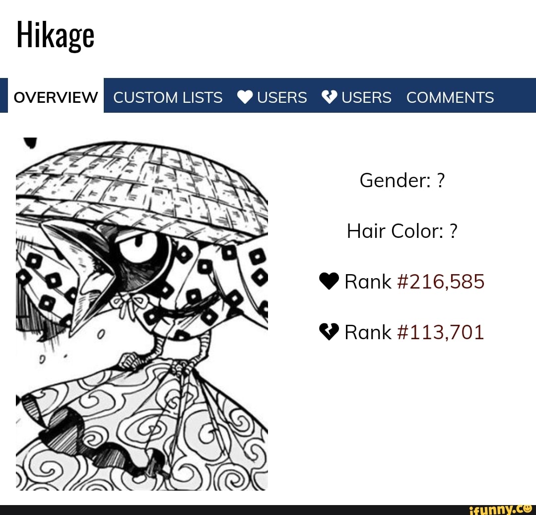 Hikage overview CUSTOM LISTS @USERS WUSERS COMMENTS Gender: ? Hair ...