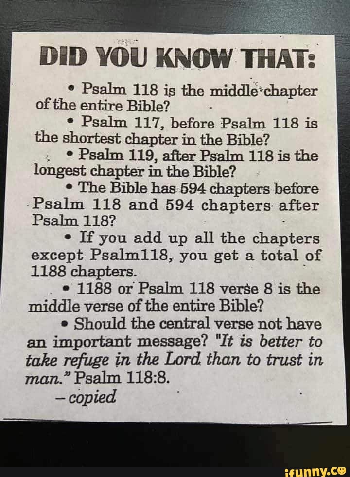 DID YOU KNOW THAT: * Psalm 118 is the middle- chapter of the entire ...
