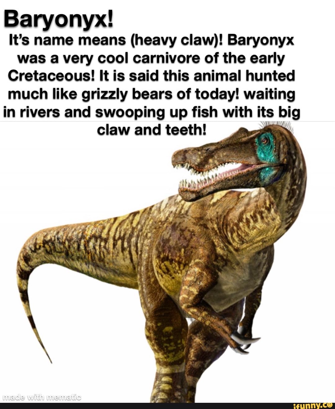 Baryonyx! It's name means (heavy claw)! Baryonyx was a very cool ...