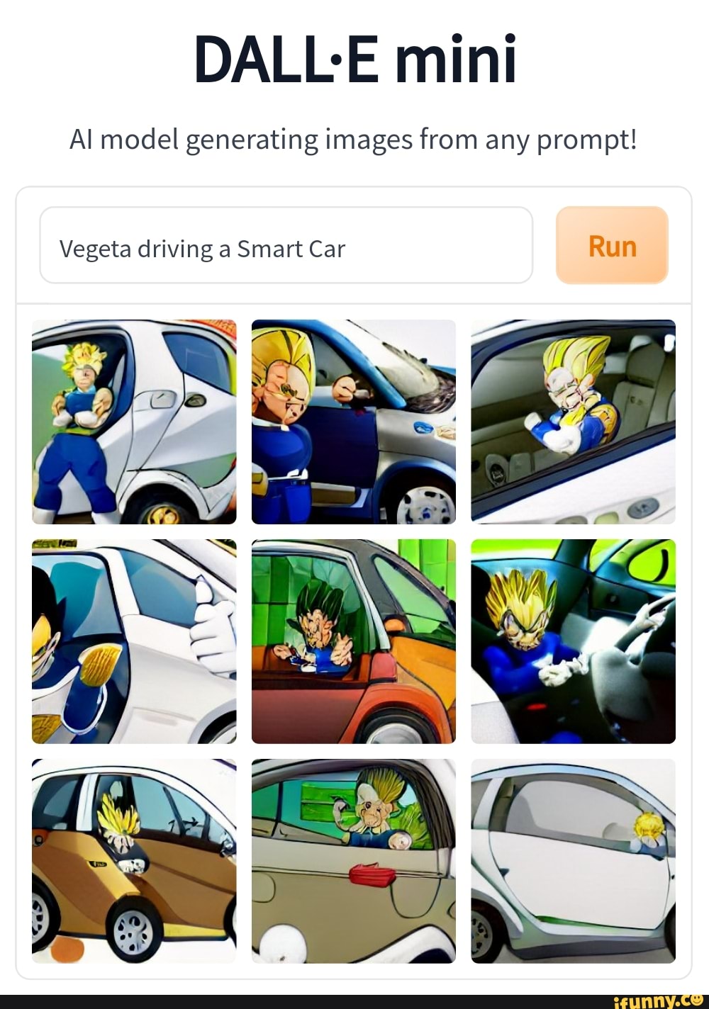 Mini Al model generating images from any prompt! Vegeta driving a Smart ...
