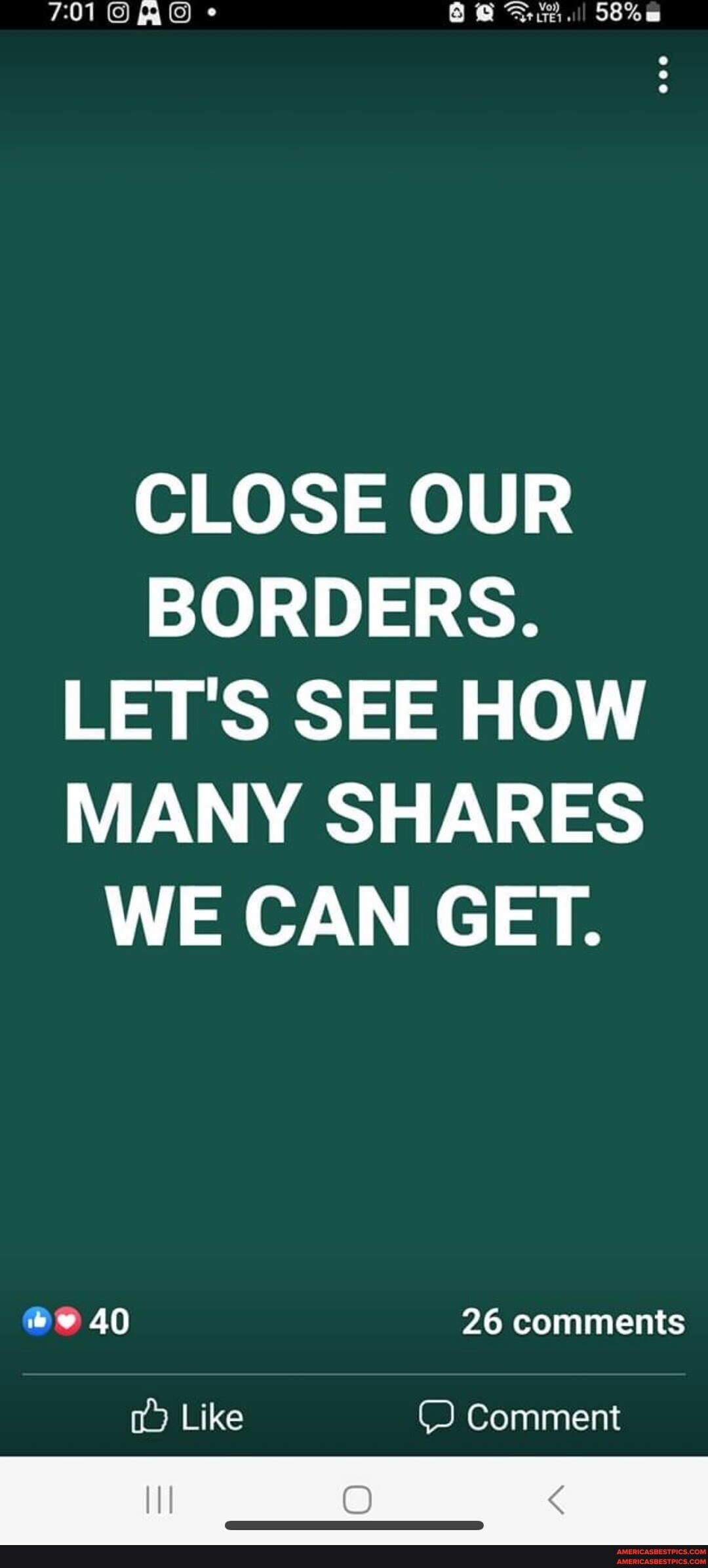 All CLOSE OUR BORDERS. LET'S SEE HOW MANY SHARES WE CAN GET. 40 26 comments Like Comment ...