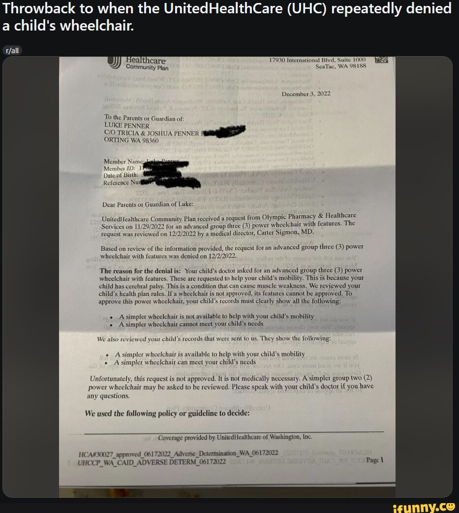 Throwback to when the UnitedHealthCare (UHC) repeatedly denied a child ...