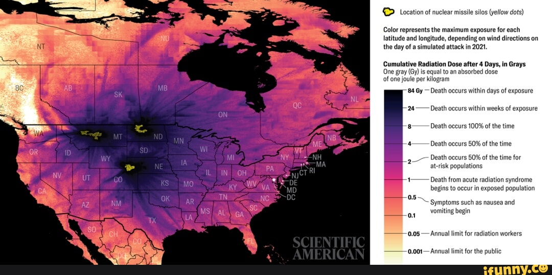 Location of nuclear missile silos (yellow dots) Color represents the ...
