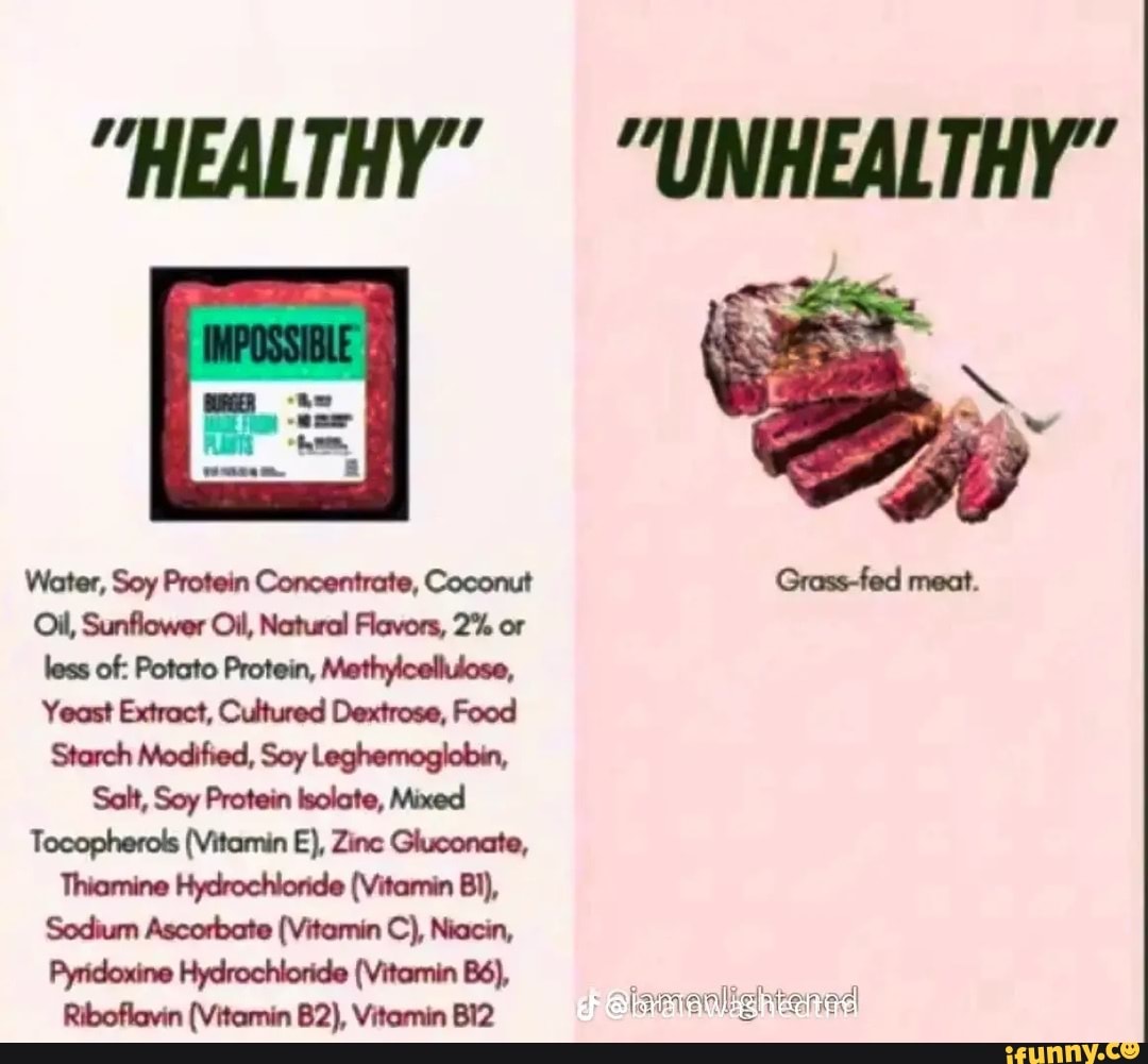 "HEALTHY" "UNHEALTHY' Grass-fed meat. Water, Soy Protein Concentrate ...
