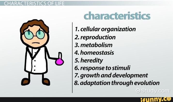 Acterist 1. cellular organization 2. reproduction 3. metabolism 4 ...