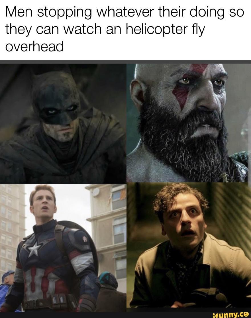 Men stopping whatever their doing so they can watch an helicopter fly ...