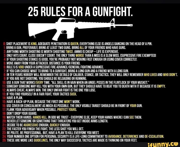 25 RULES FOR A GUNFIGHT. 'SHOT PLACEMENT IS KING, ADEQUATE PENETRATION ...