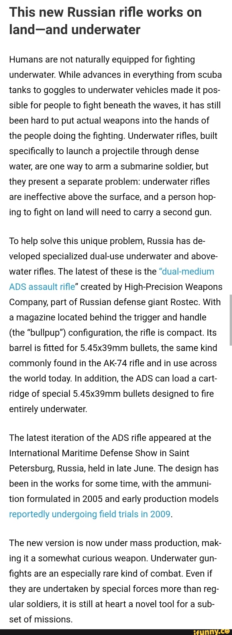 This new Russian rifle works on land-and underwater Humans are not ...