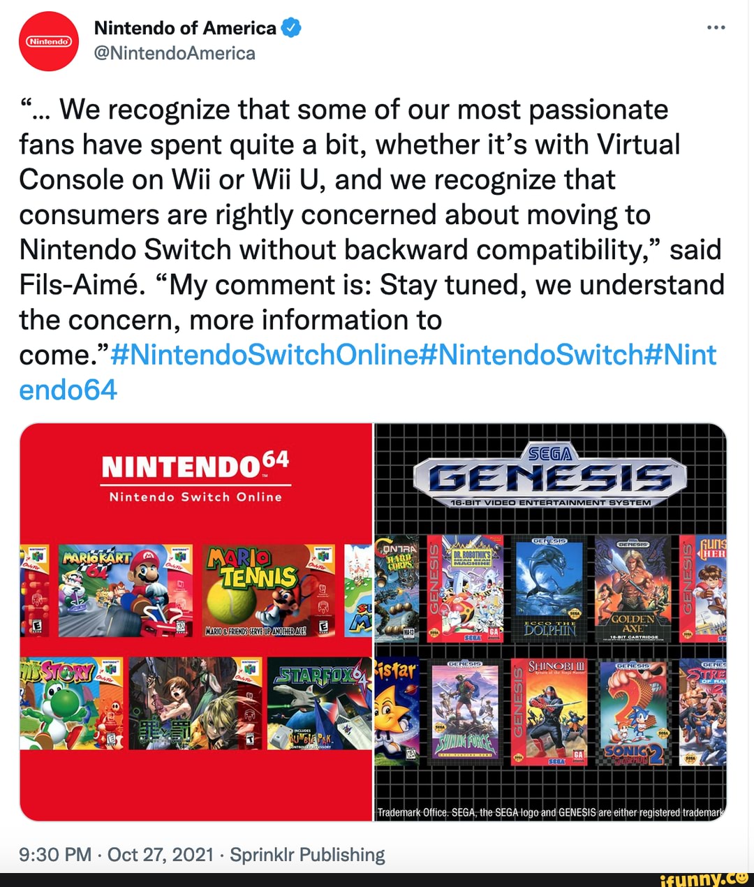 Nintendo of America @ ONintencloAmarica We recognize that some of our ...