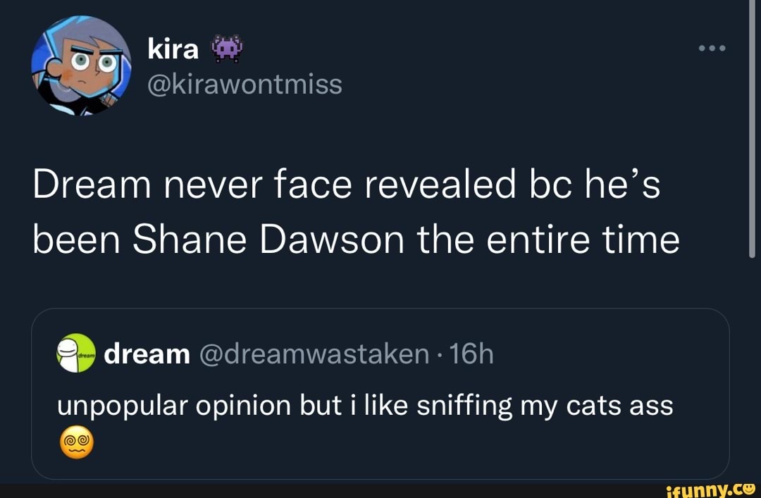 Kira @kirawontmiss Dream never face revealed bc he's been Shane Dawson the entire time dream ...