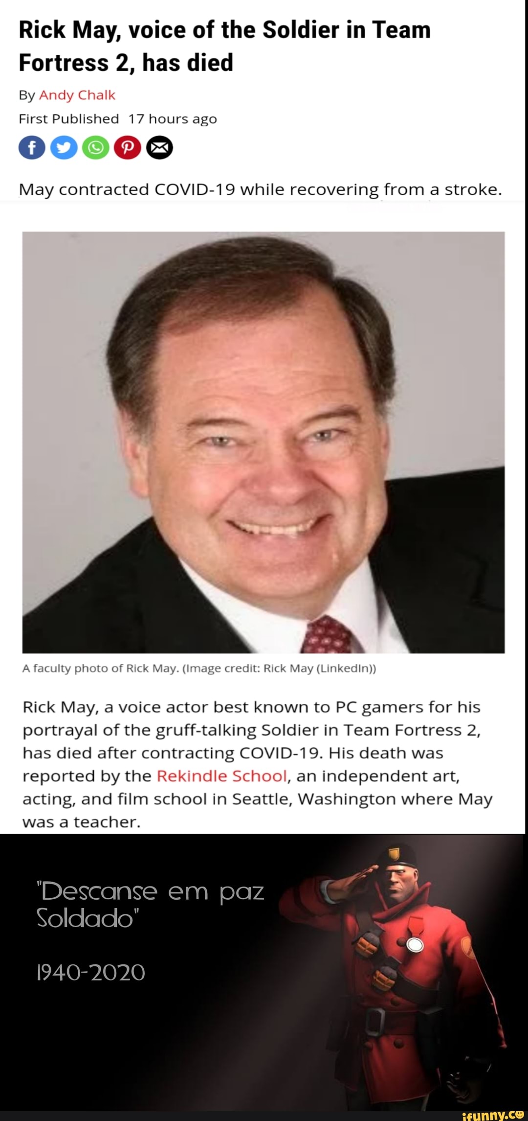 Rick May, voice of the Soldier in Team Fortress 2, has died By Andy ...