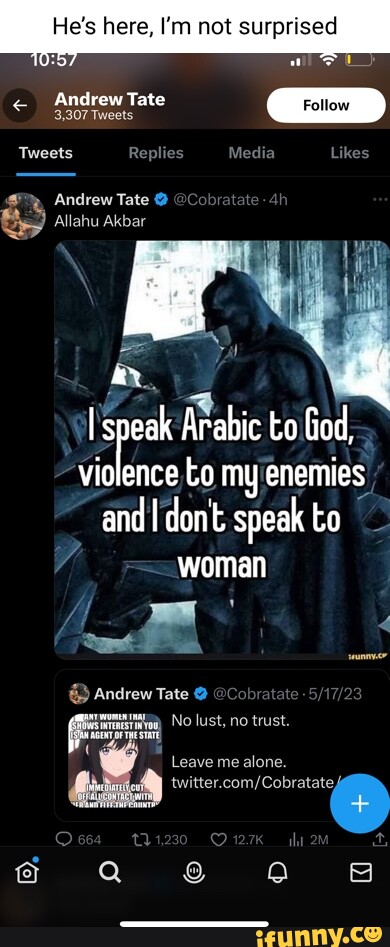 He's here, I'm not surprised Andrew Tate 3,307 Tweets Tweets Replies ...