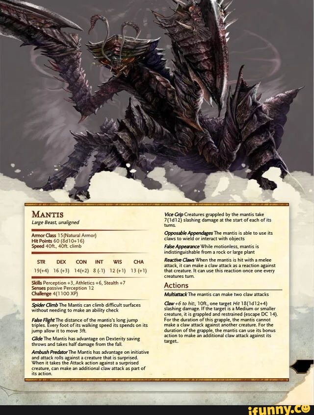 Mantis Large Beast, unaligned 'Armor lass Armor) HitPoins 60 Speed 40% ...