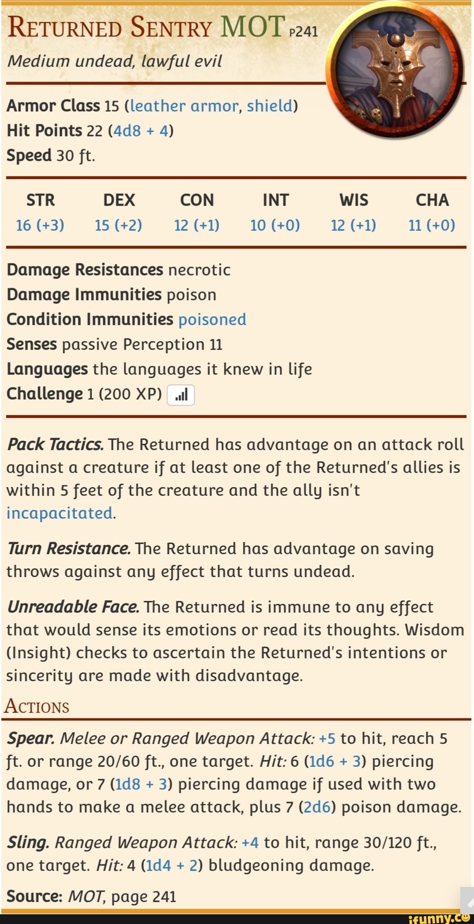 RETURNED SENTRY MOT Medium undead, lawful evil Armor Class 15 (leather ...