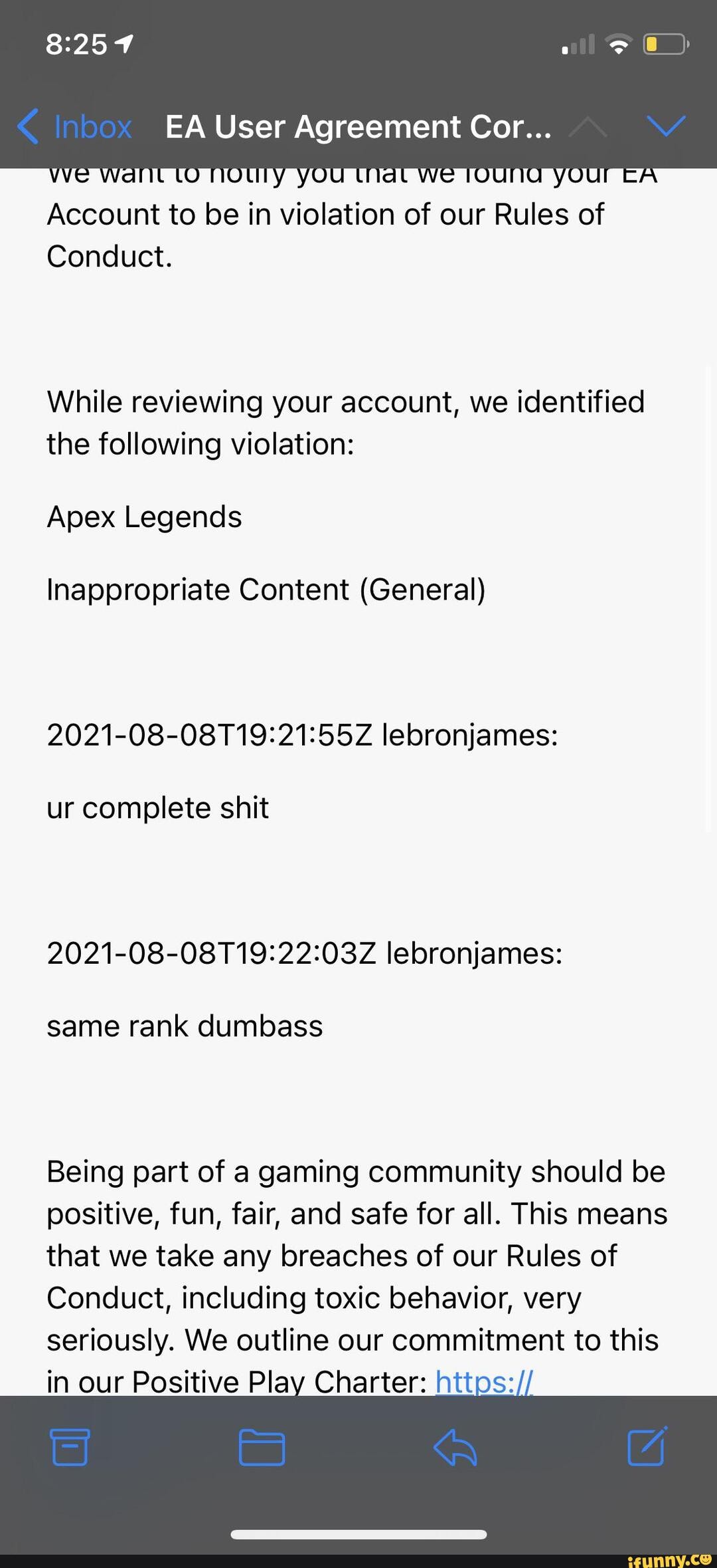 EA User Agreement Cor... Account to be in violation of our we Rules of ...
