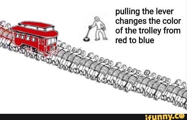 Pulling the lever changes the color of the trolley from red to blue ...