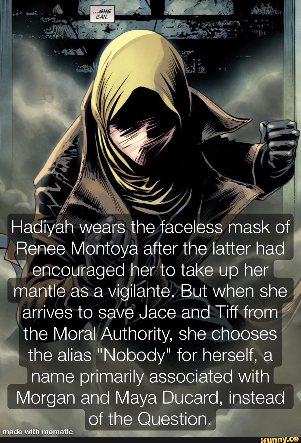 Hadiyah wears the faceless mask of Renee Montoya after the latter had ...
