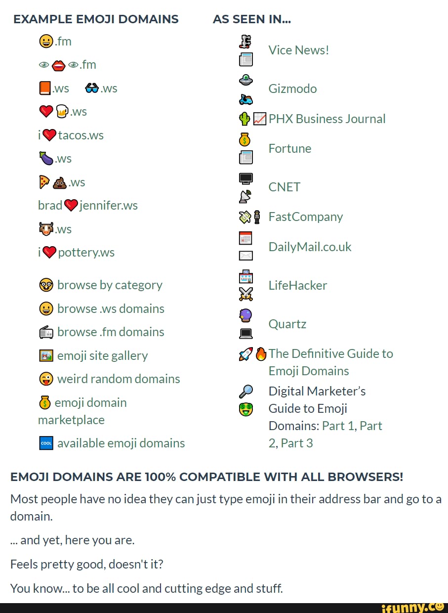 EXAMPLE EMOJI DOMAINS AS SEEN @ fm ws ws tacos.ws ws Paws brad ...
