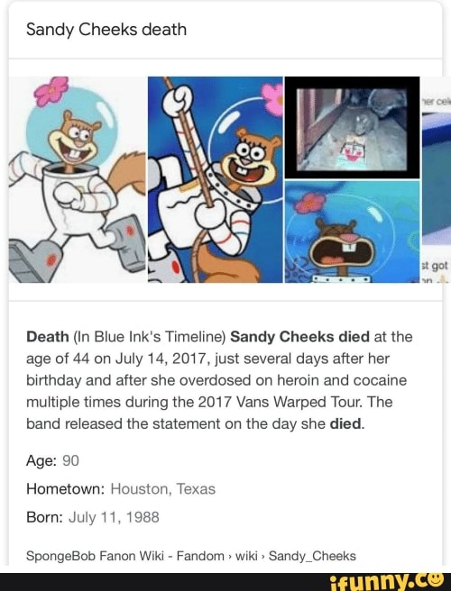 Sandy Cheeks death Death (In Blue Ink's Timeline) Sandy Cheeks died al ...