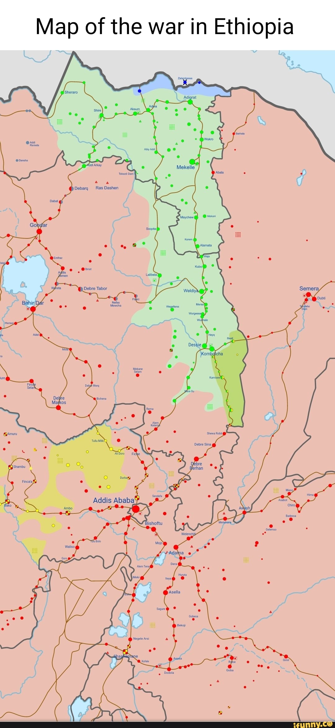 Map of the war in Ethiopia 'Sheraro Debarq Addis Bishoftu Ambo: Ras ...
