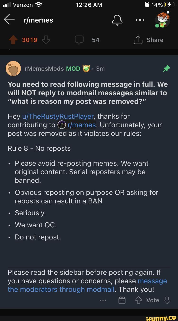 At! Verizon AM 14% rimemes 3019 54 Share rMemesMods MOD You need to read following message in ...