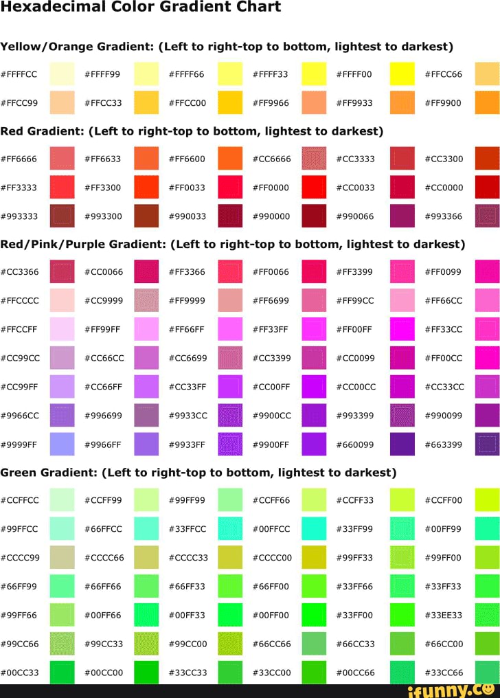 Hexadecimal Color Gradient Chart Yellow/Orange Gradient: (Left to right ...