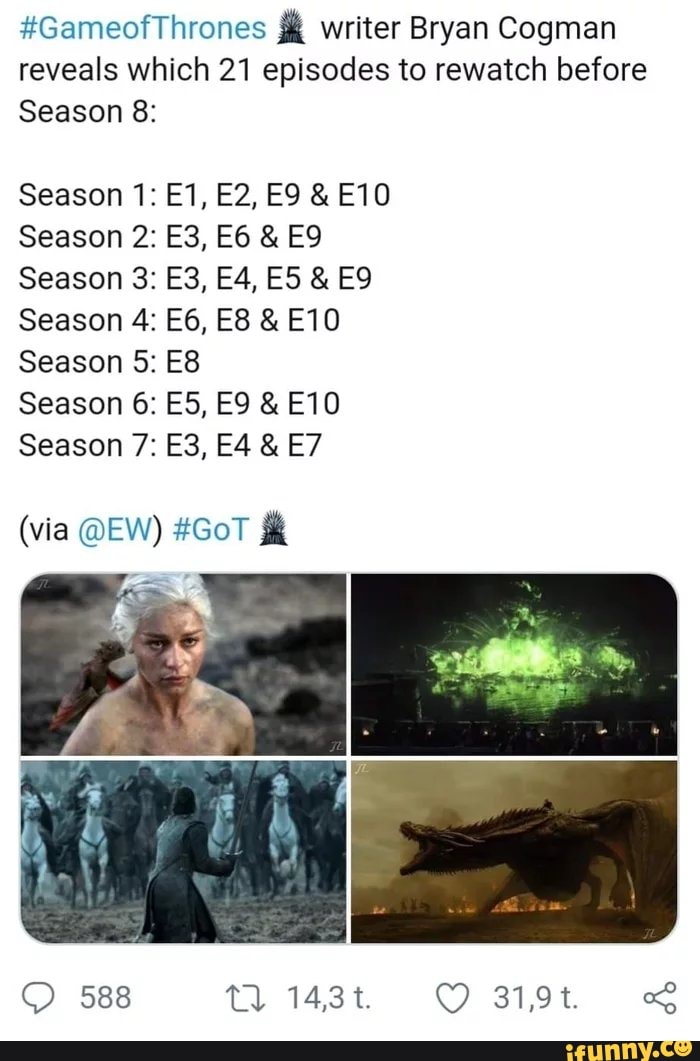 #GameofThrones & writer Bryan Cogman reveals which 21 episodes to rewatch before Season 8 ...