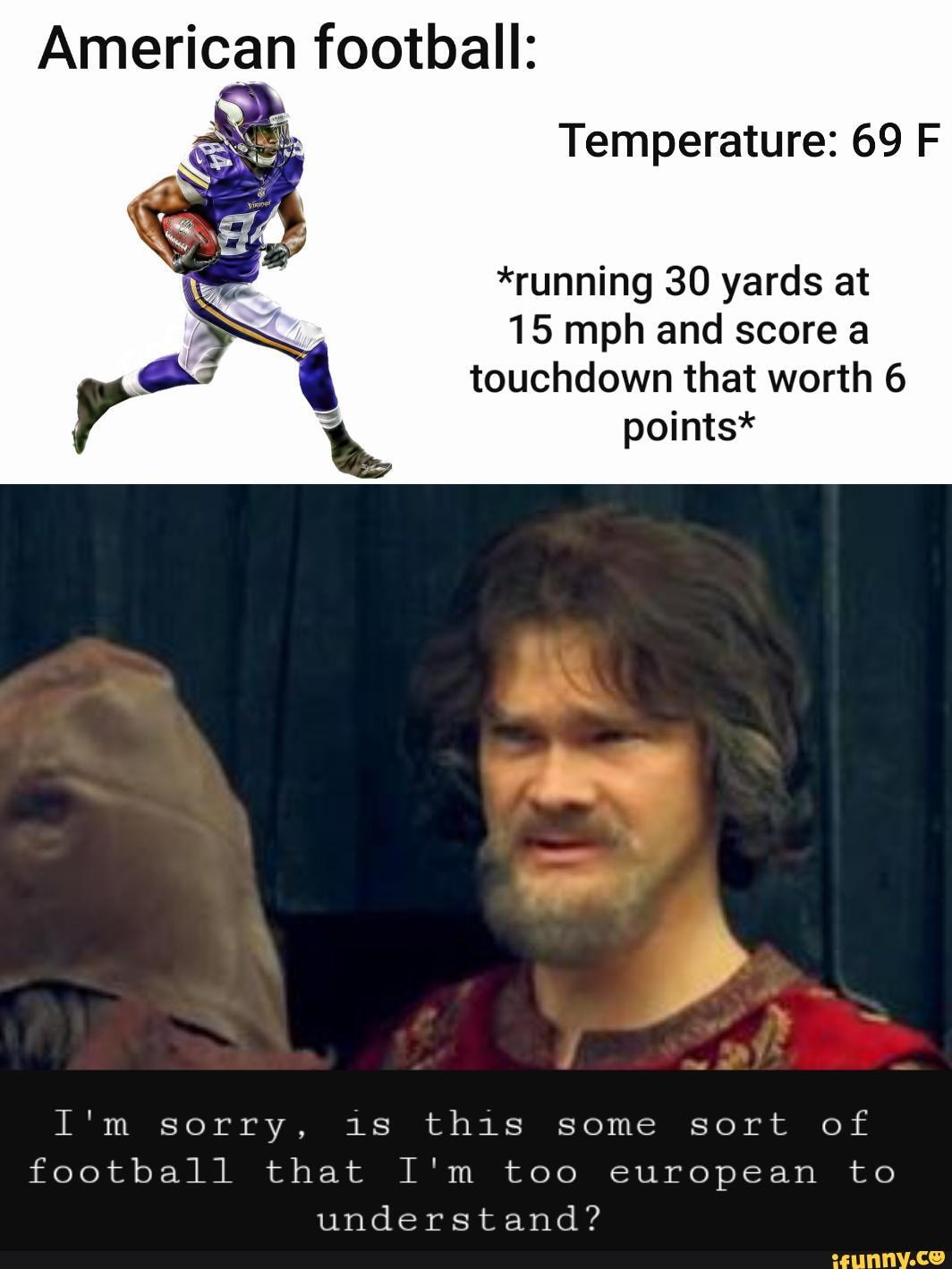 American football: Temperature: 69 F *running 30 yards at 15 mph and ...