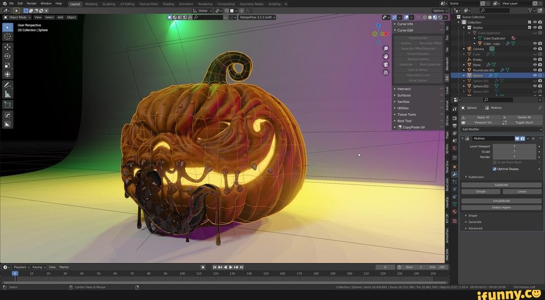 Spooky pumpkin model done in blender. - file Edit Render Window Help {Layout Modeling Sculpt UV ...
