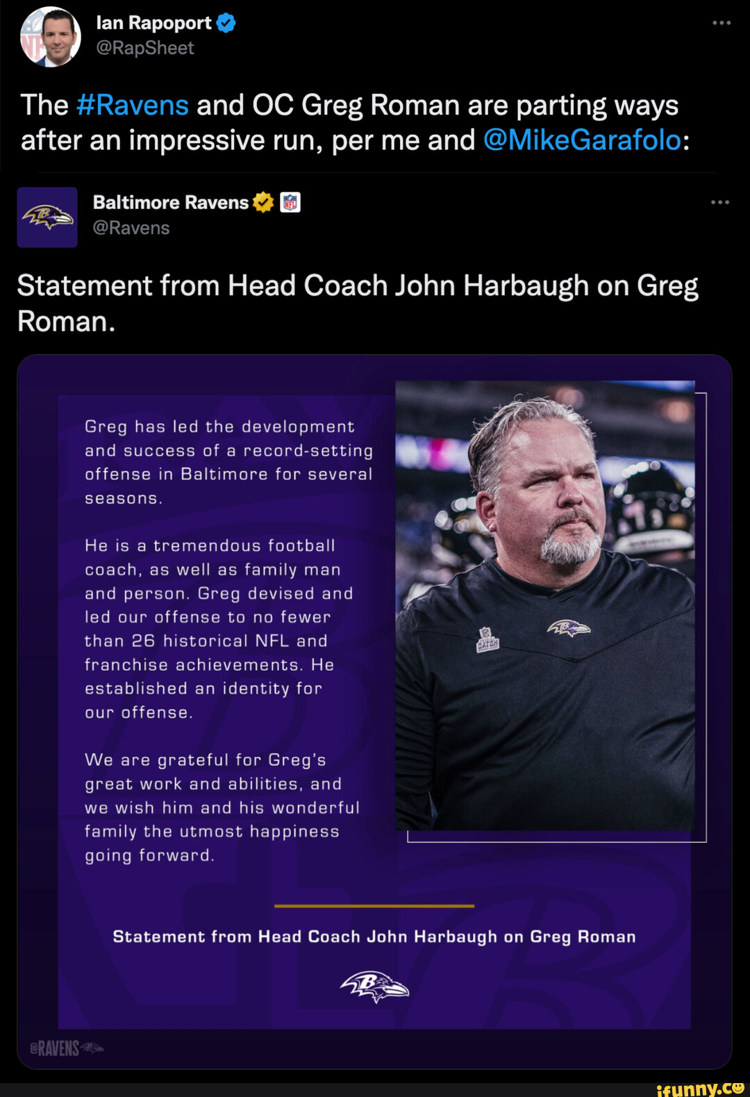 The #Ravens and OC Greg Roman are parting ways after an impressive run ...