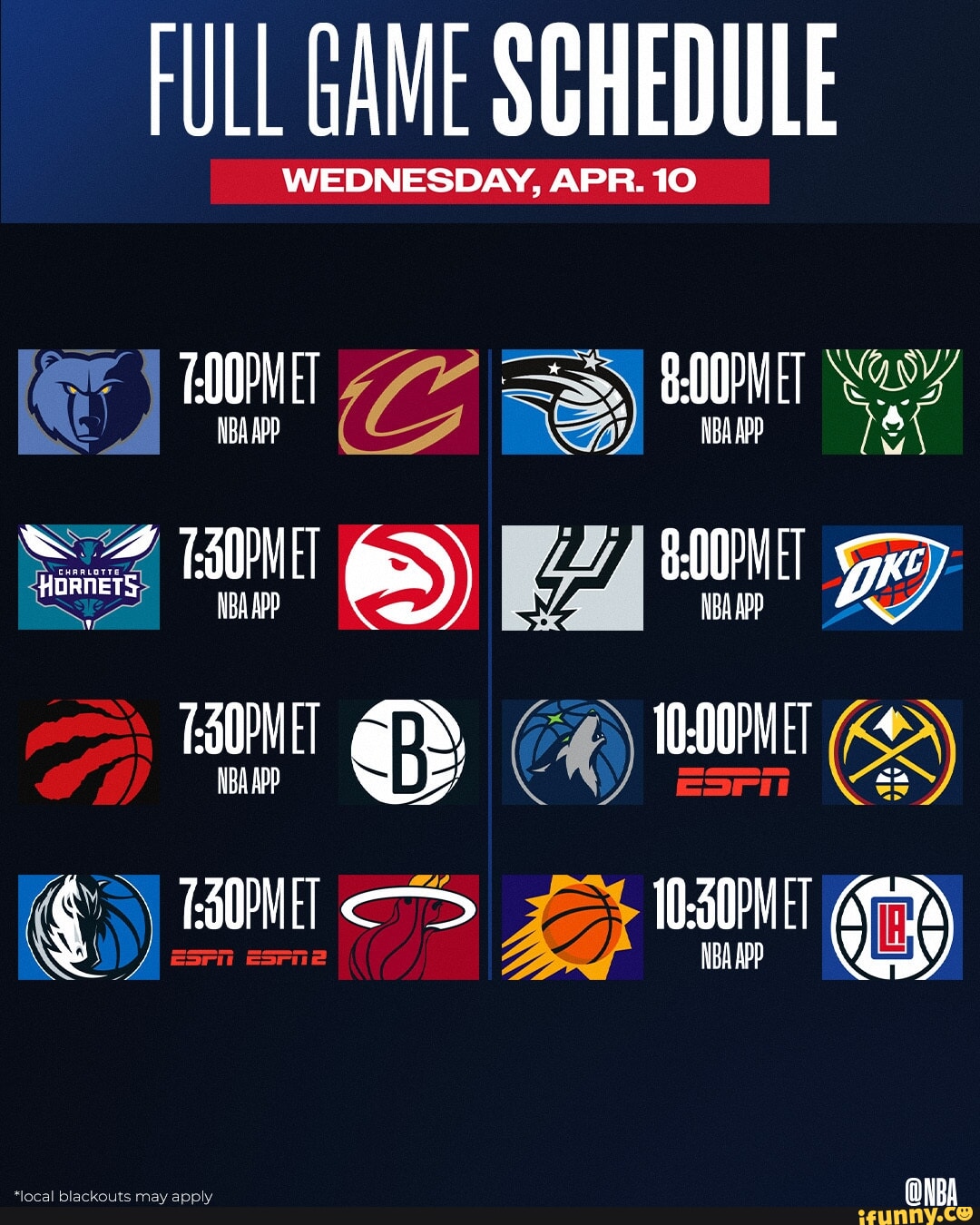 FULL GAME SCHEDULE WEDNESDAY, APR. 10 ET APP APP FT APP ET on es ET e ...