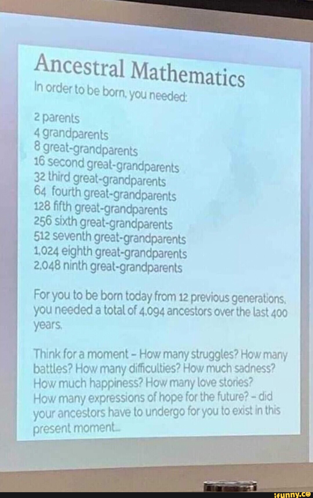 Ancestral Mathematics In order to be born, you needed: 2 parents 4 ...