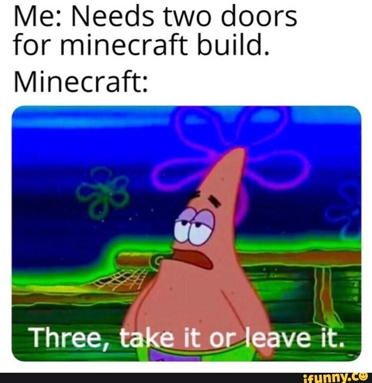 Me: Needs two doors for minecraft build. Minecraft: Three, take it or ...