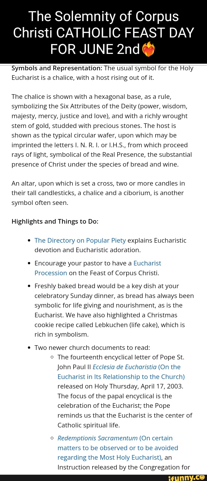 The Solemnity of Corpus Christi CATHOLIC FEAST DAY FOR JUNE Symbols and ...