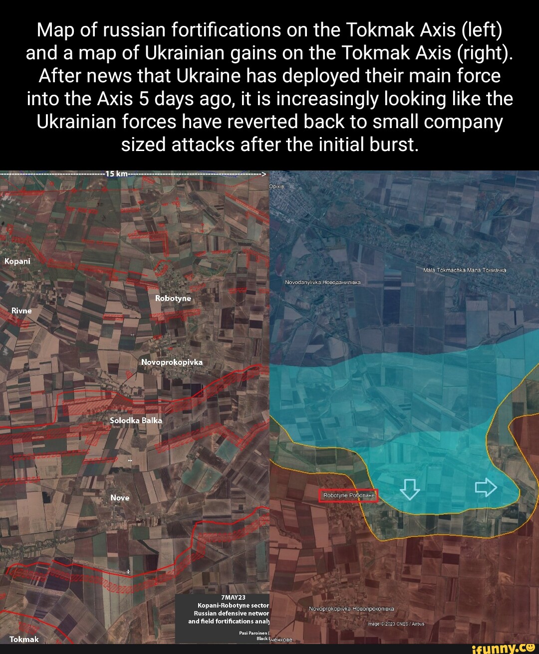 Map of russian fortifications on the Tokmak Axis (left) and a map of ...