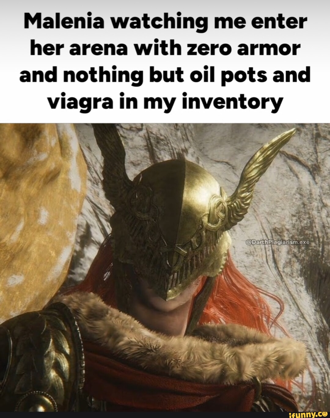 Malenia watching me enter her arena with zero armor and nothing but oil ...