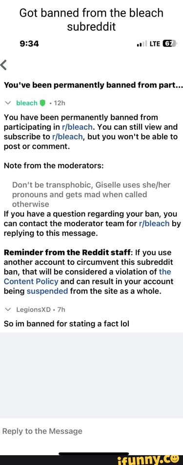 Got banned from the bleach subreddit LTE & You've been permanently ...